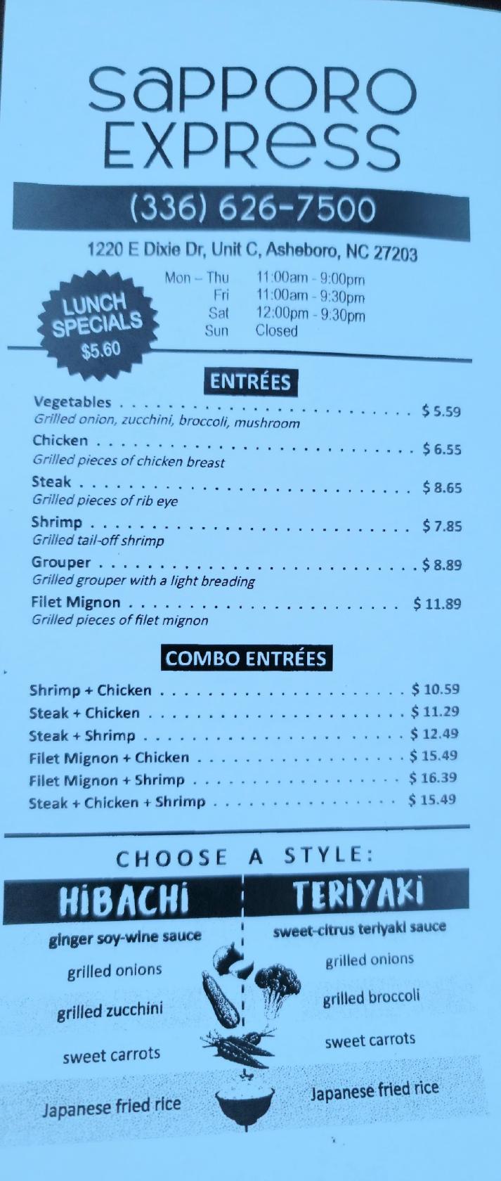 Carta del restaurante Sapporo Express, Asheboro