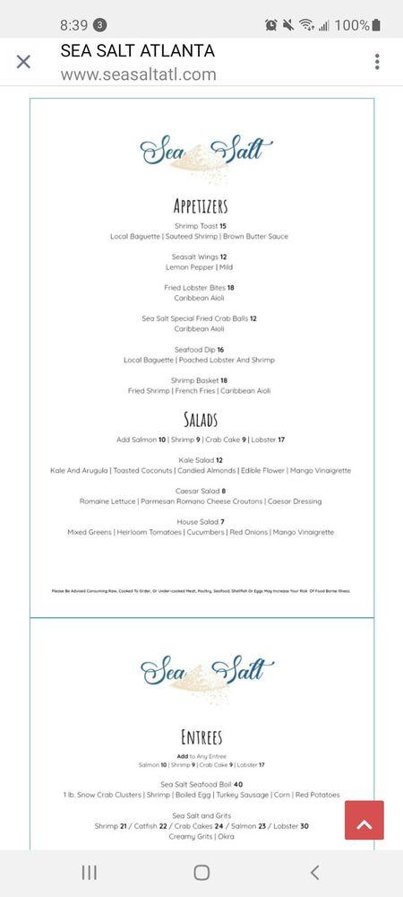 Menu at Sea Salt Seafood Lounge pub & bar, Atlanta
