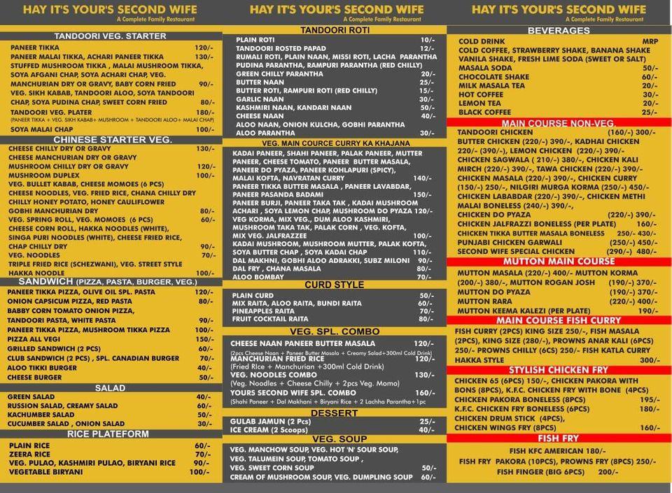 Menu at Your's Second wife, Shahbaad Markanda