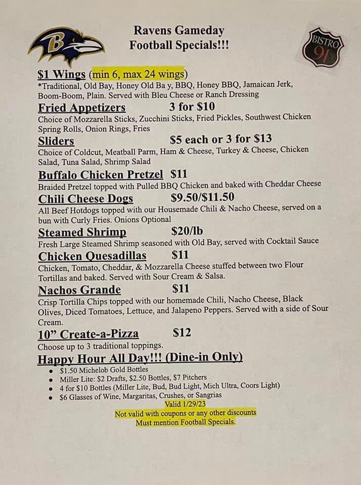 Menu at Bistro 91 pizzeria, Finksburg