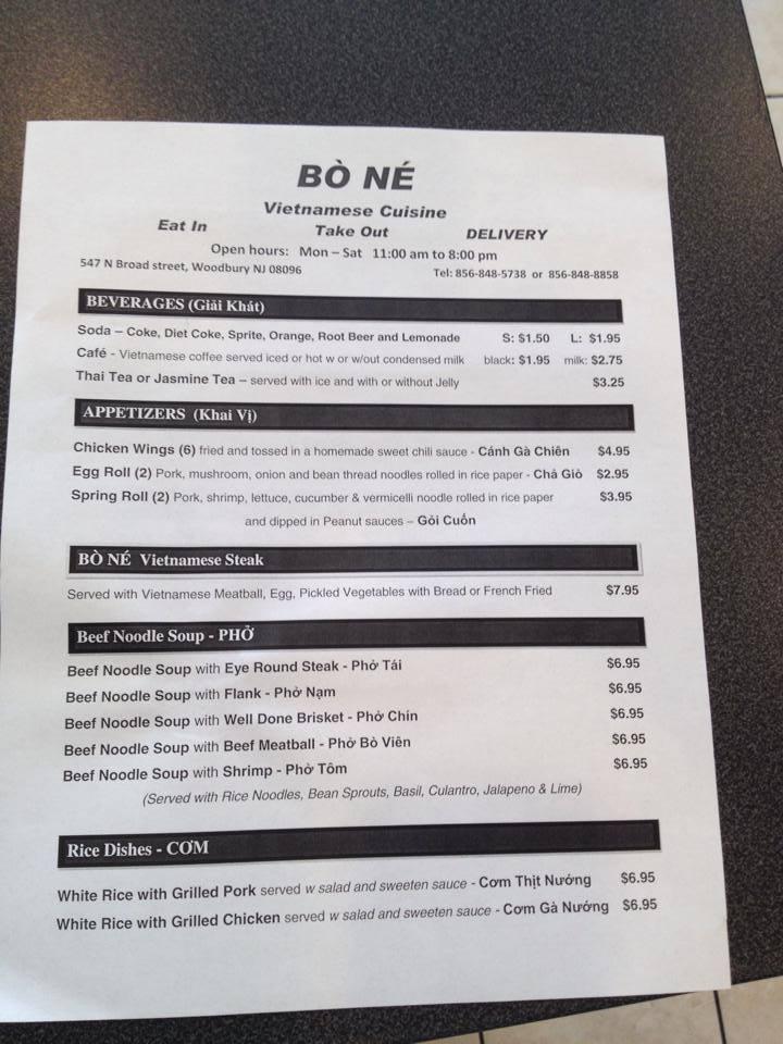 Menu at Bo Ne Restaurant, Woodbury
