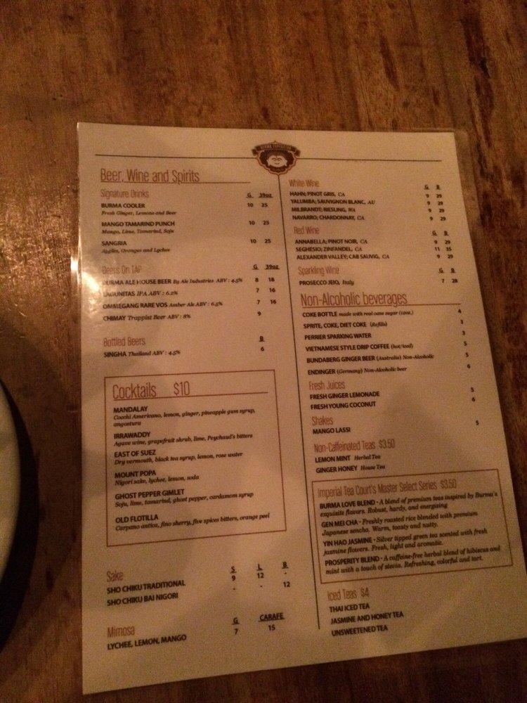 Menu at Burma Superstar restaurant, Alameda