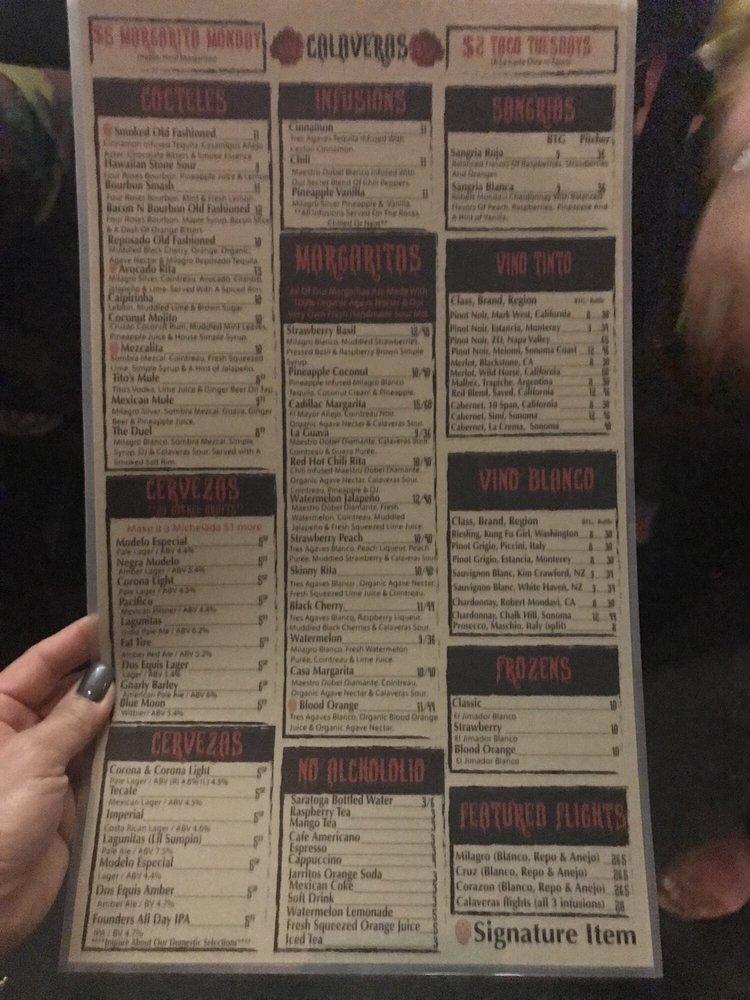 Menu at Calaveras Cantina pub & bar, Jupiter