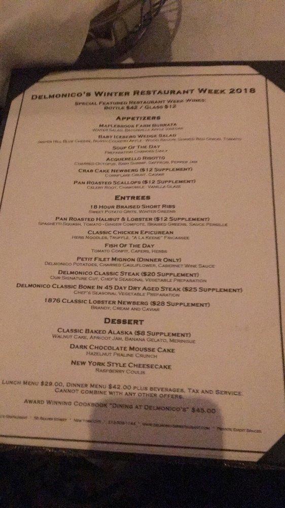 Menu at Delmonico's steakhouse, New York City