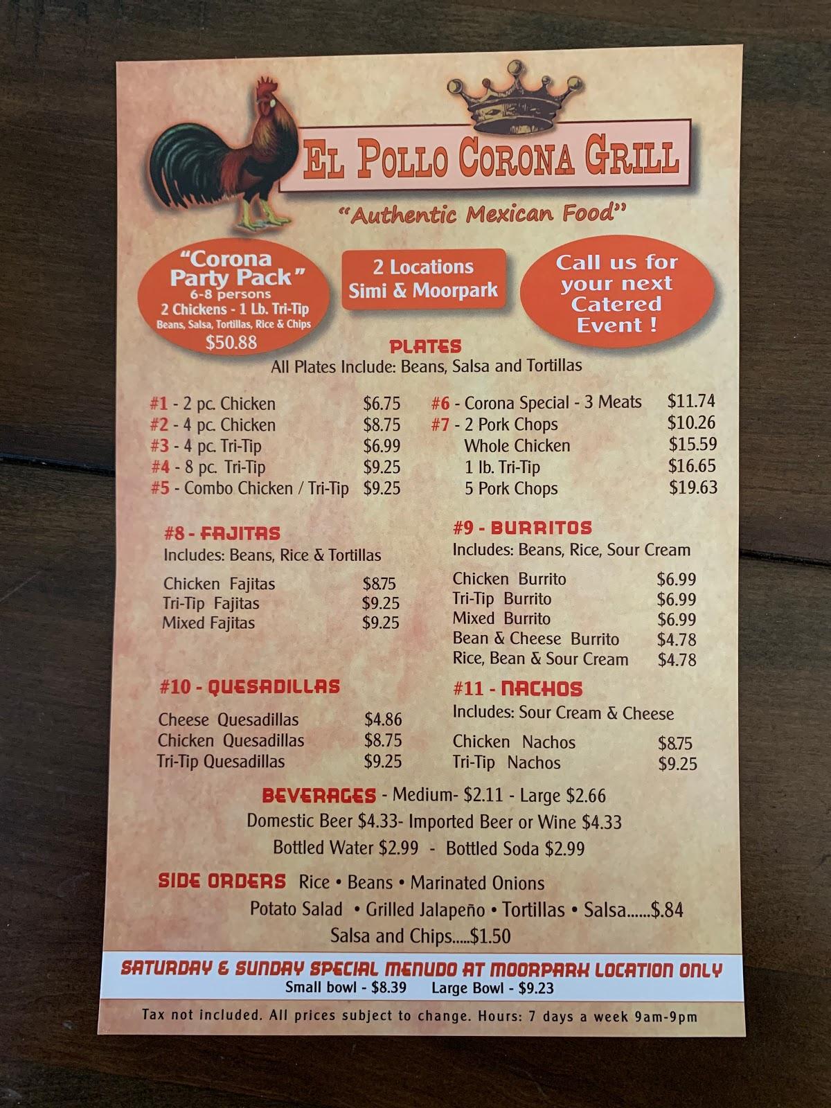 Menu at El Pollo Corona Grill restaurant, Moorpark