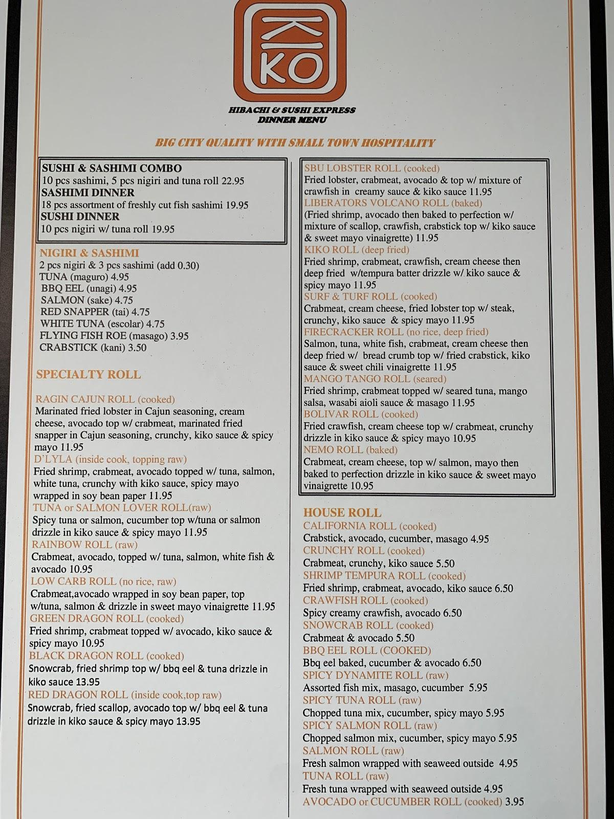 Menu at Kiko Hibachi & Sushi Express restaurant, Bolivar