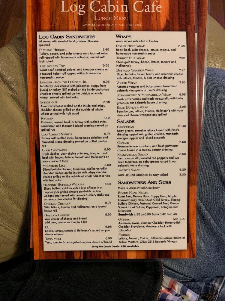 Menu at Log Cabin Cafe, Purling
