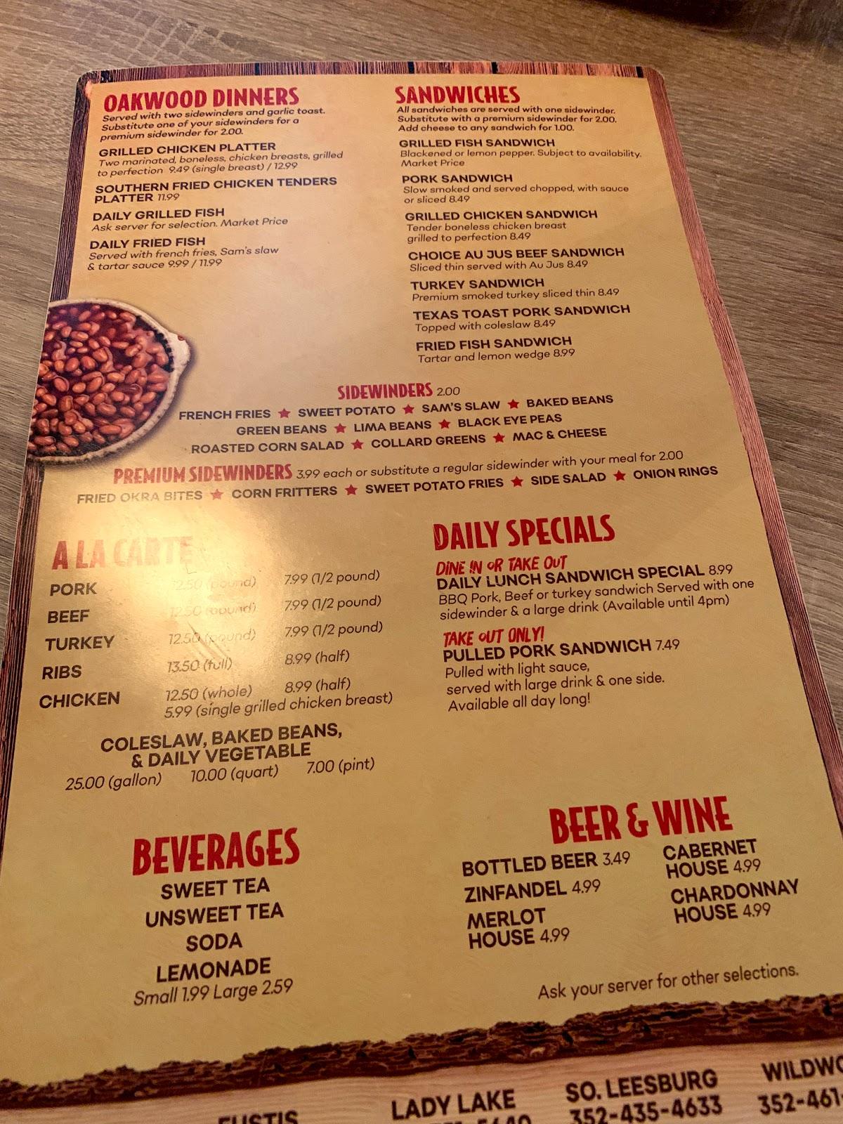 Carta de barbacoa Oakwood Express Smokehouse & Grill, Wildwood