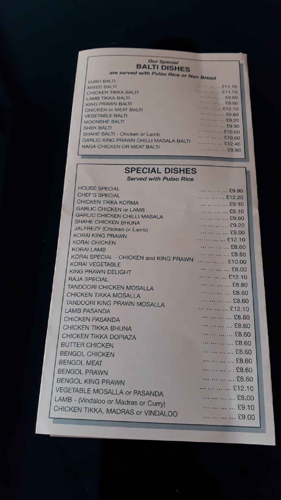 Menu at Raja Tandoori restaurant, Caterham, 4 High St