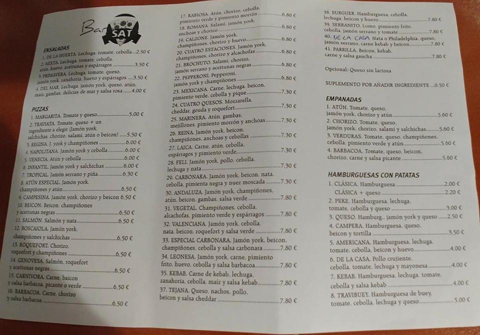 Menu at Tabu pub & bar, Fuentes de Andalucía