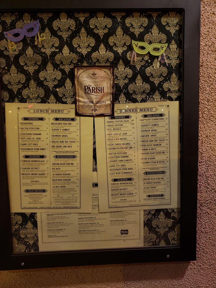 Menu at The Parish restaurant, Tucson