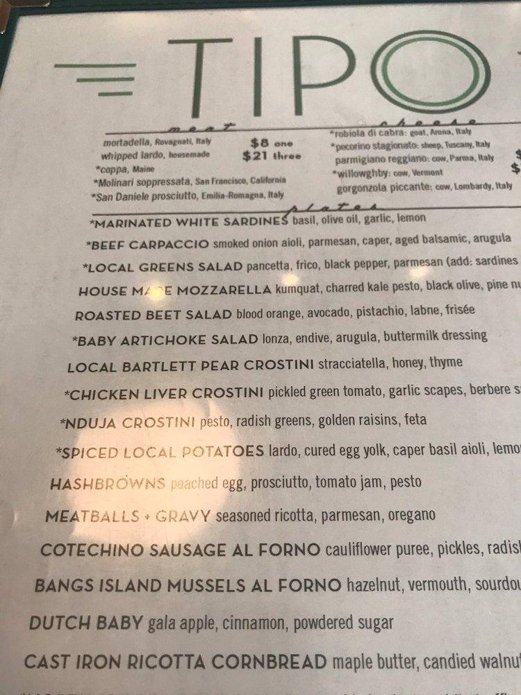 Menu at Tipo Restaurant, Portland
