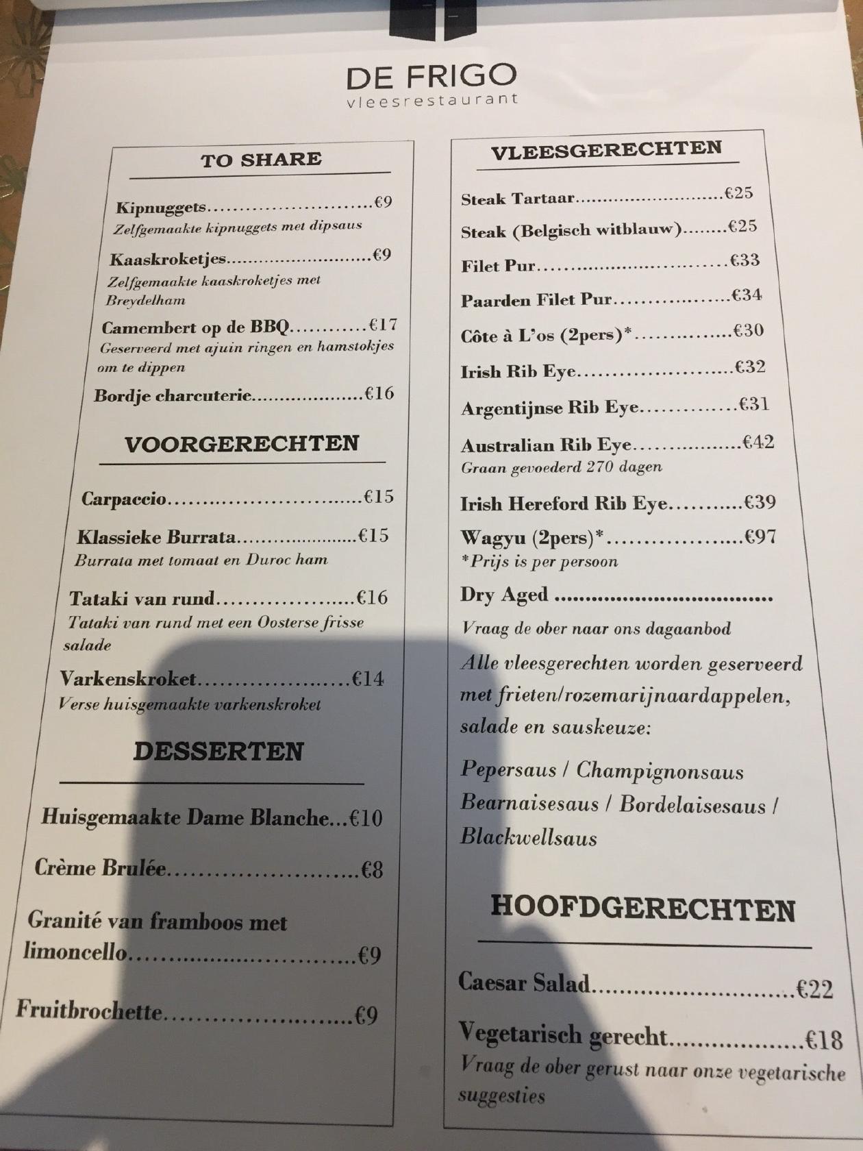 Menu at Vleesrestaurant De Frigo, Aalst