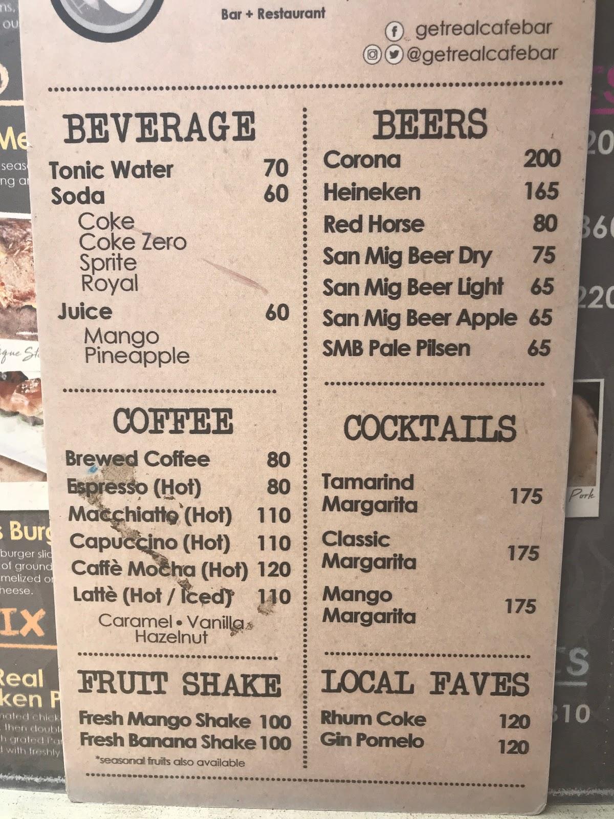 Menu At Get Real Bar Restaurant Coron