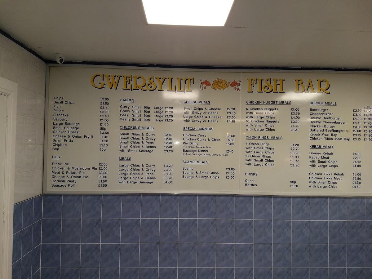 Menu at Gwersyllt Fish Bar, Wrexham
