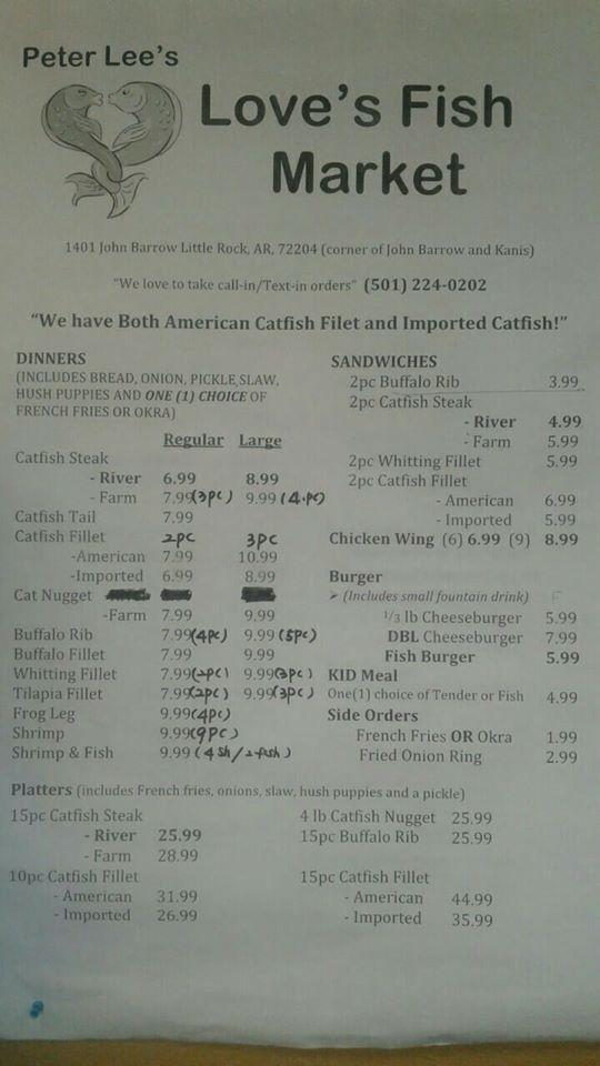 Menu at Love Fish Market restaurant, Little Rock