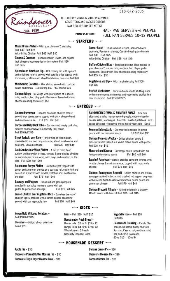 Menu at Raindancer Restaurant, Amsterdam, State Highway 30