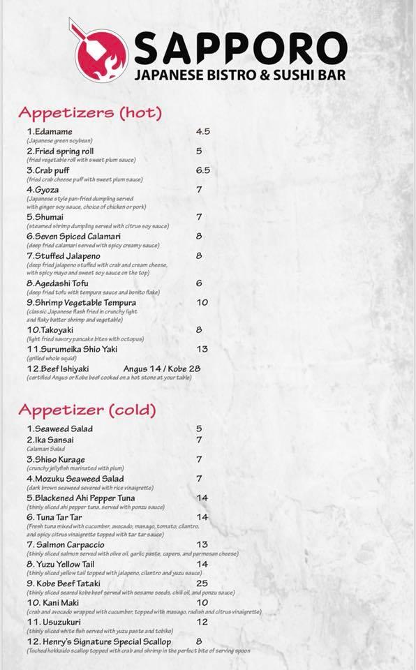 Menu at Sapporo restaurant, Houston, 801 Congress St #101