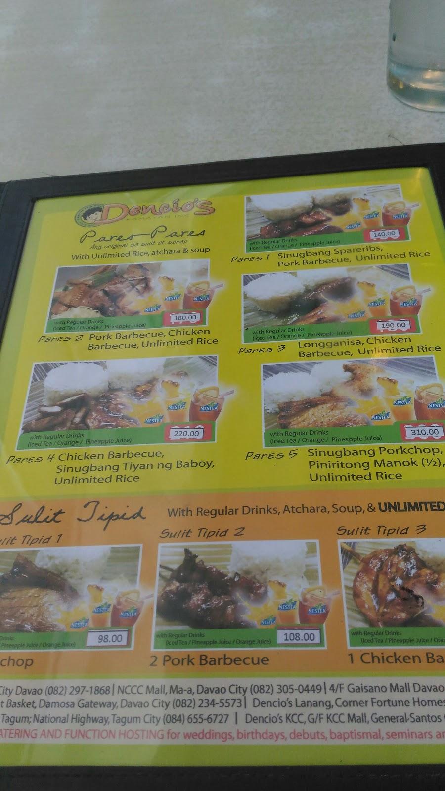 Menu at Dencio's restaurant, Davao City