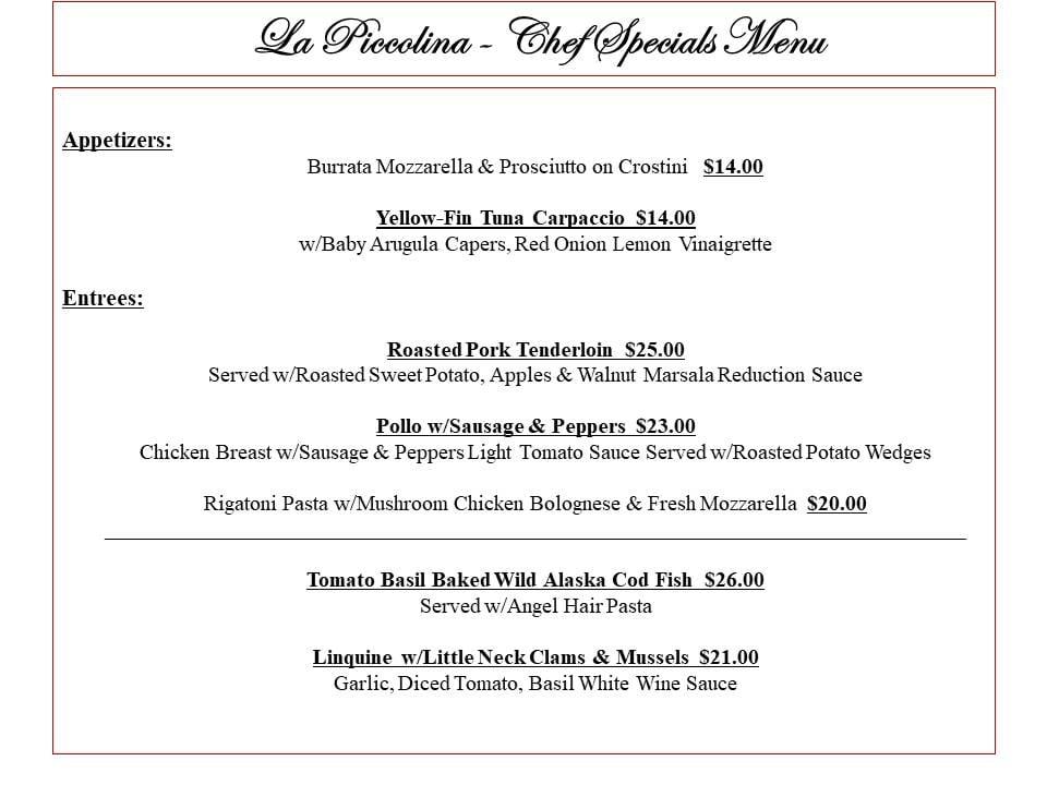 Menu at La Piccolina restaurant, New Milford, 27 Main St