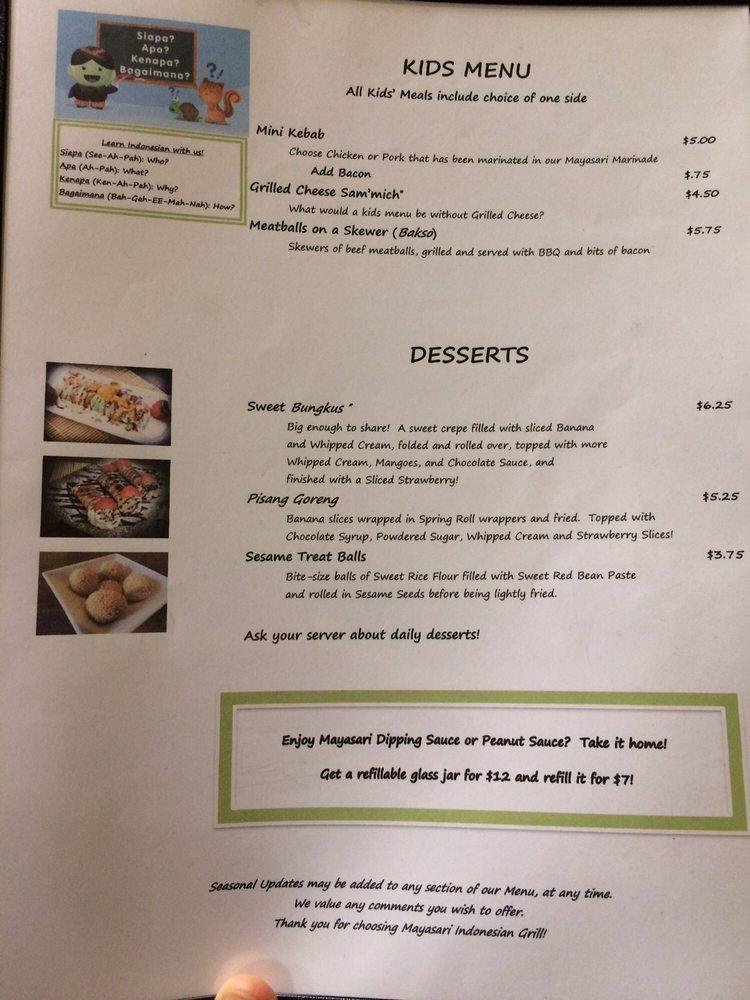 Menu at Mayasari Indonesian Grill restaurant, Greensburg