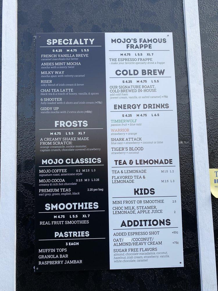 Menu at Mojo Coffee, Austin