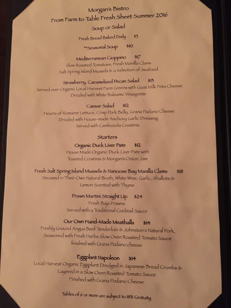 Menu at Morgan's Bistro steakhouse, Harrison Hot Springs