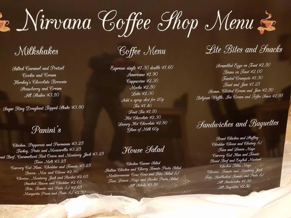 Menu at Nirvana Coffee Shop cafe, St Helens