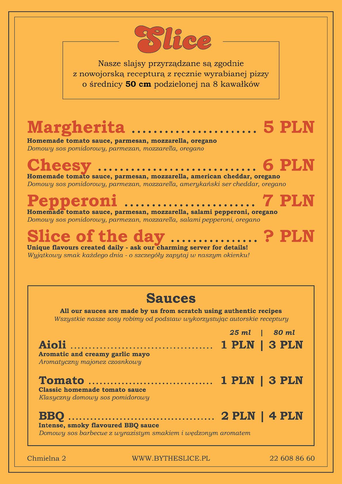 Menu at PIZZA by the SLICE pizzeria, Warsaw