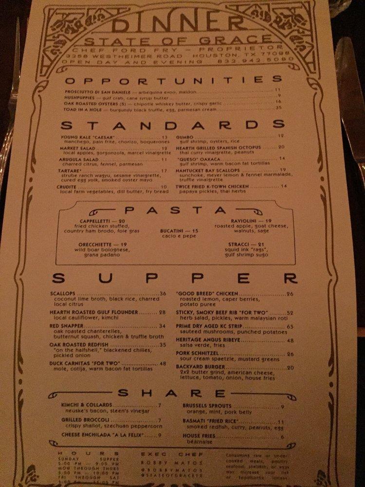 Menu at State of Grace restaurant, Houston, Westheimer Rd