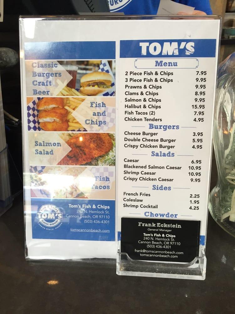 Menu at Tom's Fish & Chips restaurant, Cannon Beach
