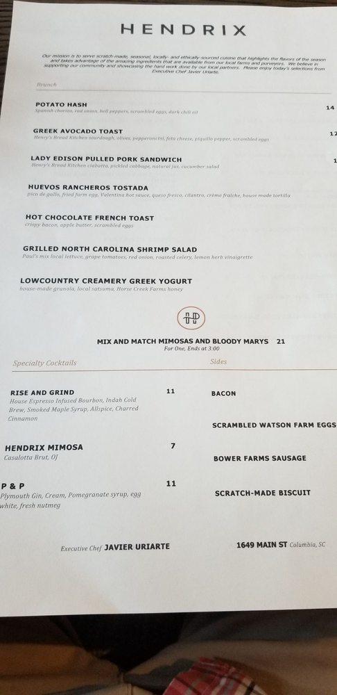 Menu at Hendrix Restaurant, Columbia