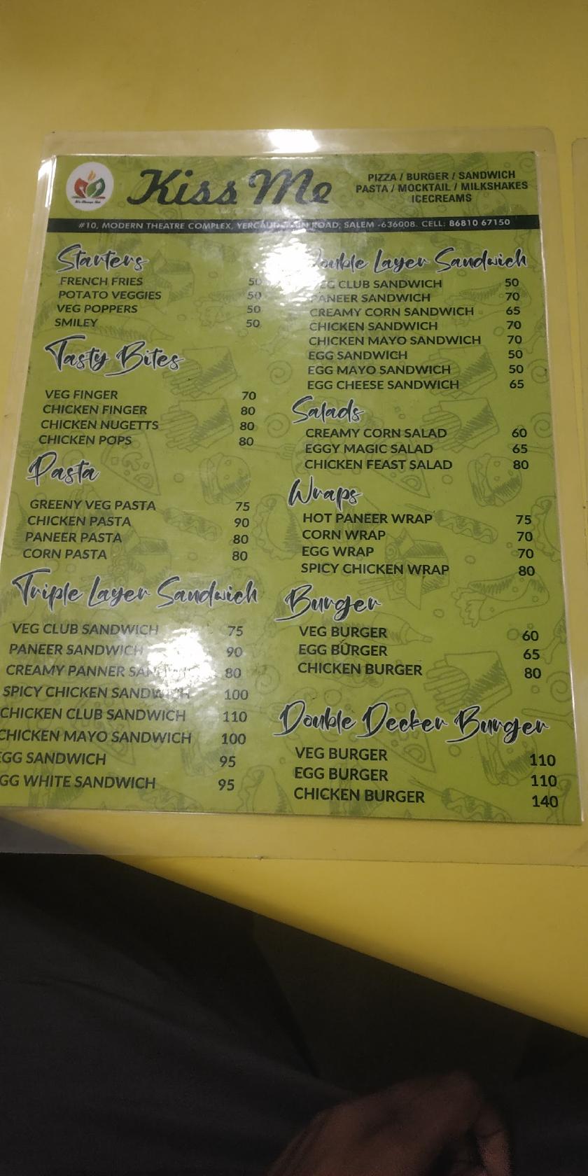 Menu at Kiss me, Salem