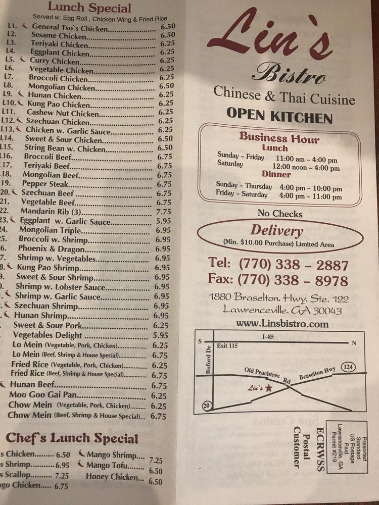 Menu at Lin's Bistro restaurant, Dacula