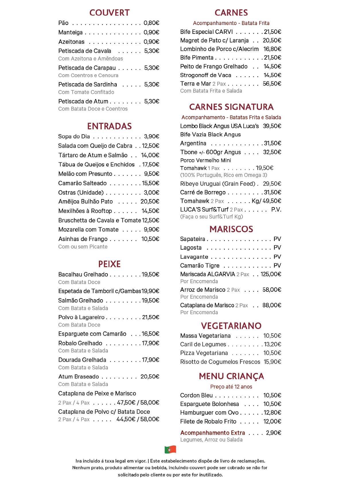 Menu at Luca’s Rooftop Restaurant, Lagos