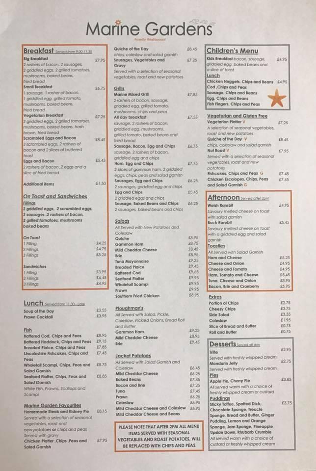 Menu at Marine Gardens Restaurant, Worthing