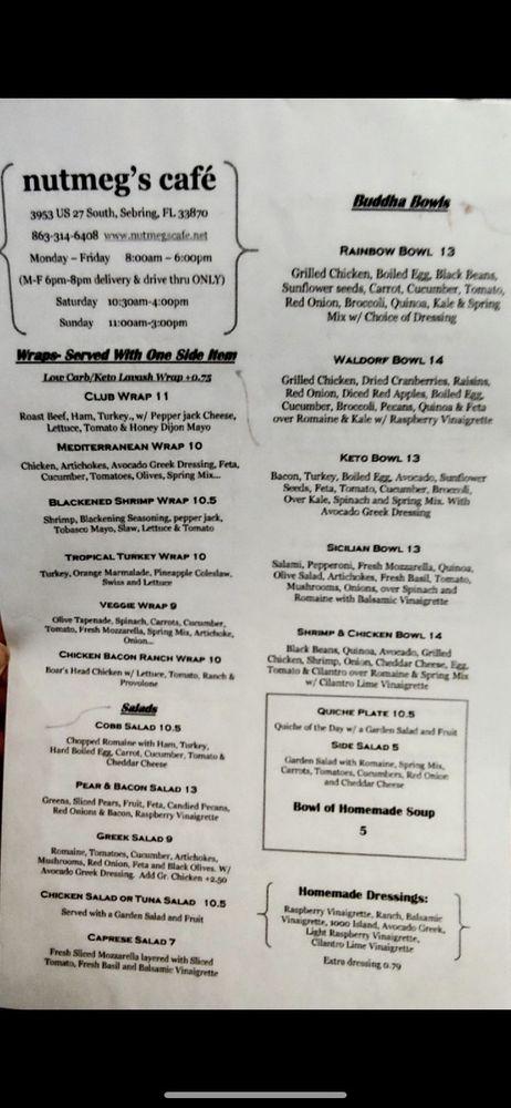 Menu at Nutmeg's Cafe, Sebring, US Hwy 27 S