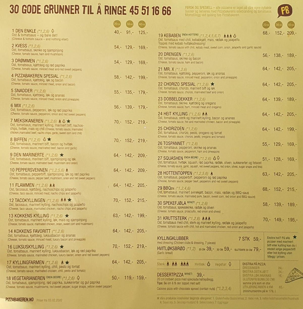 Menu at Pizzabakeren Froland pizzeria, Osedalen