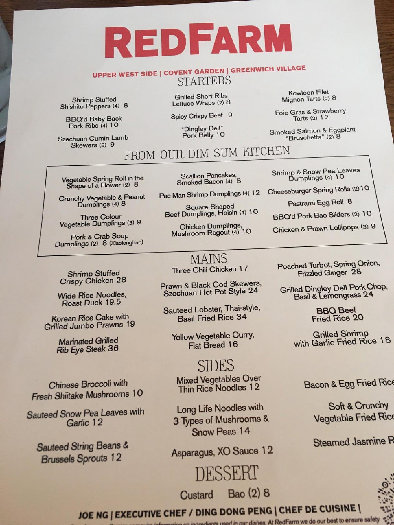 Menu at Red Farm restaurant, London