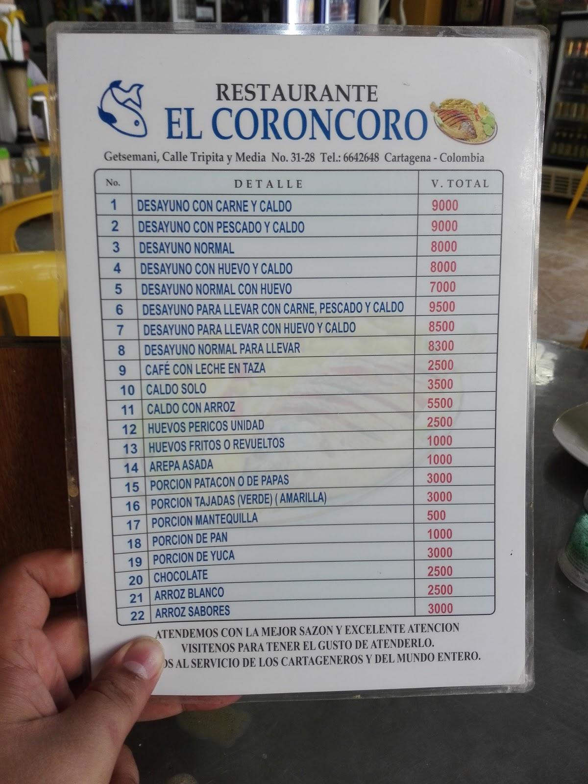 Menu at Restaurante Coroncoro, Cartagena