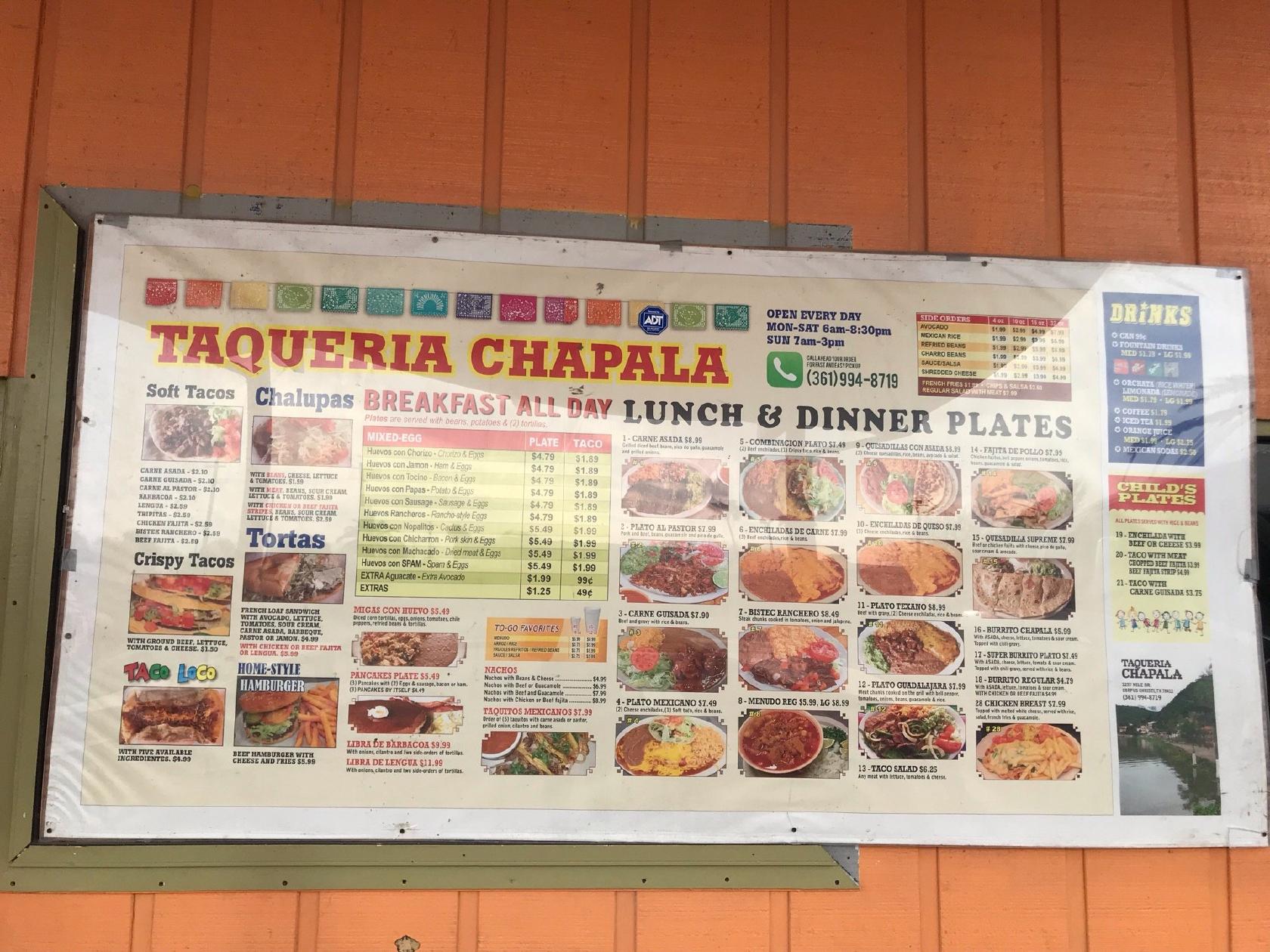 Menu at Taqueria Chapala restaurant, Corpus Christi, Nile Dr