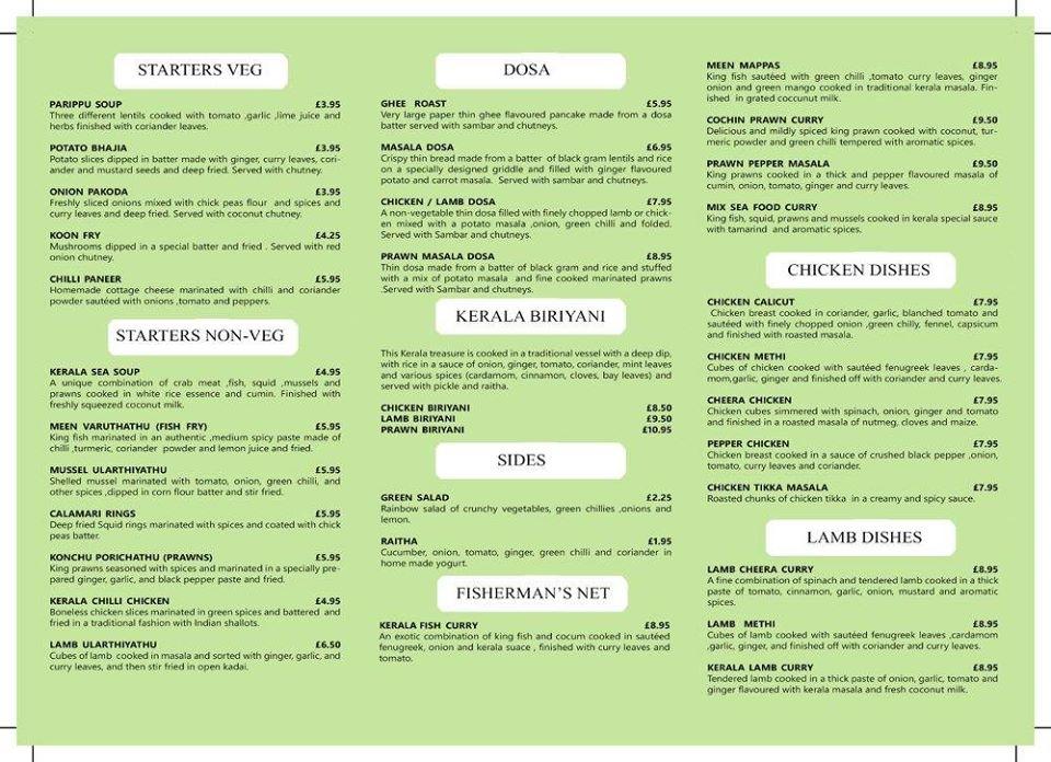 Menu at The Kerala restaurant, Caterham