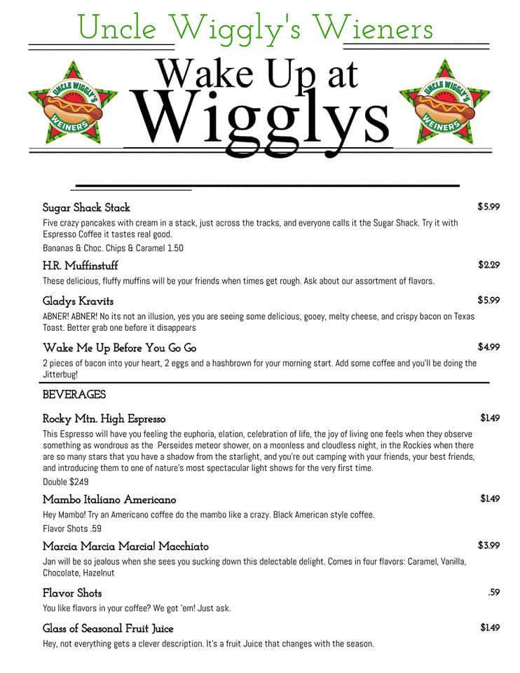 Menu at Uncle Wiggly’s Wieners restaurant, Luling