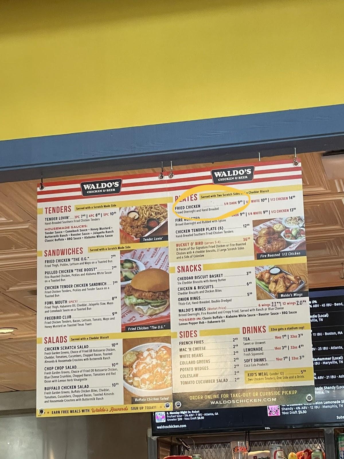 Menu at Waldo's Chicken & Beer restaurant, Nashville, 4th Ave N #103