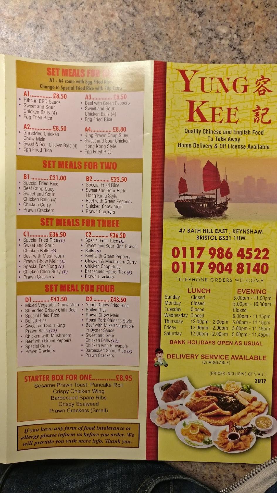 Menu at Yung Kee fast food, Bristol