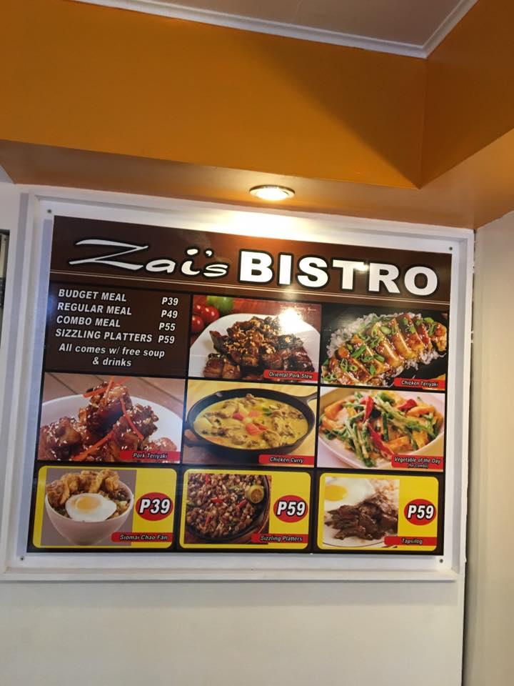 Menu at Zai's Bistro restaurant, Floridablanca