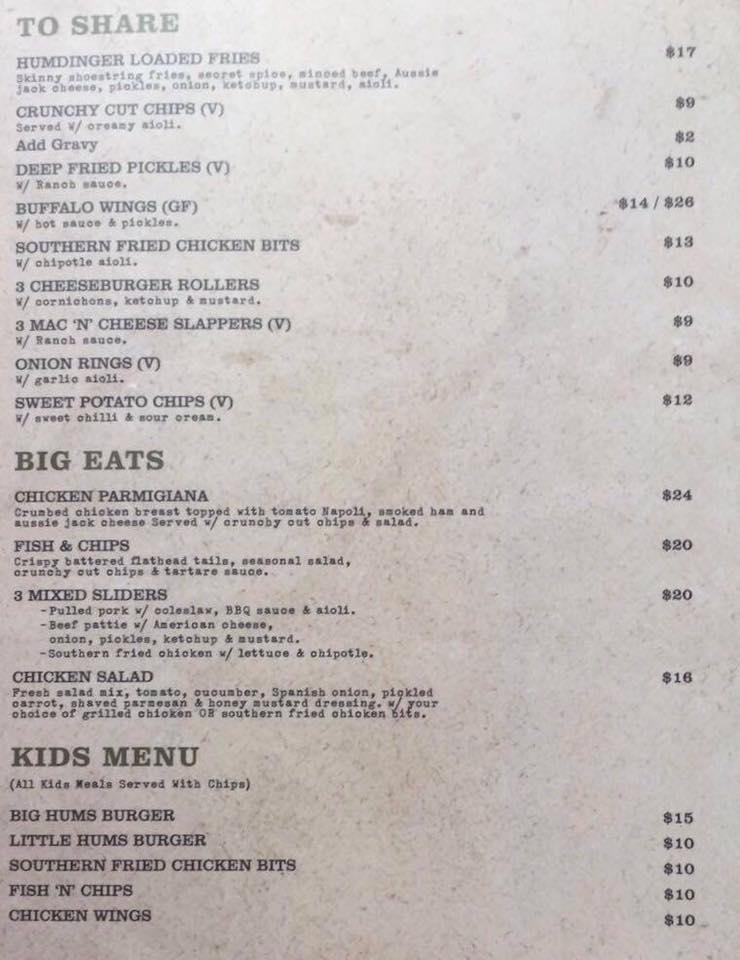 Menu at Humdinger restaurant, Frankston