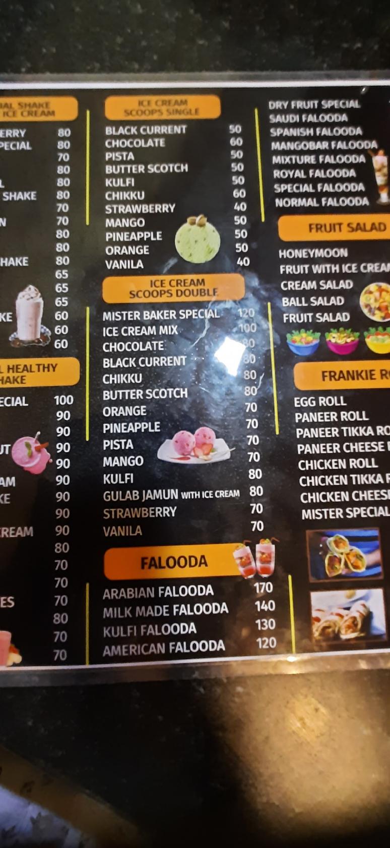 Menu at Mister baker, Ottapalam, east