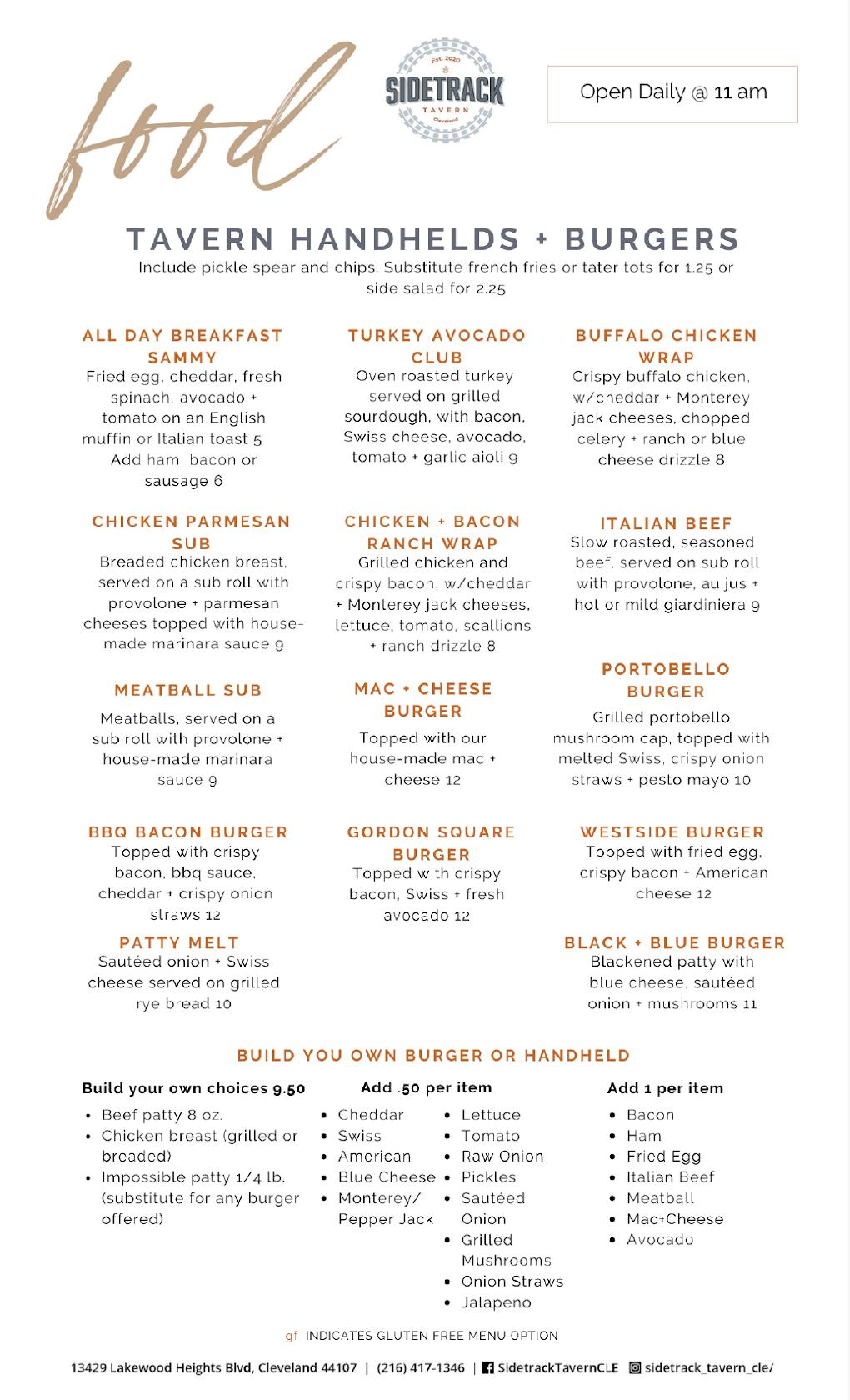 Menu at Sidetrack Tavern CLE restaurant, Cleveland