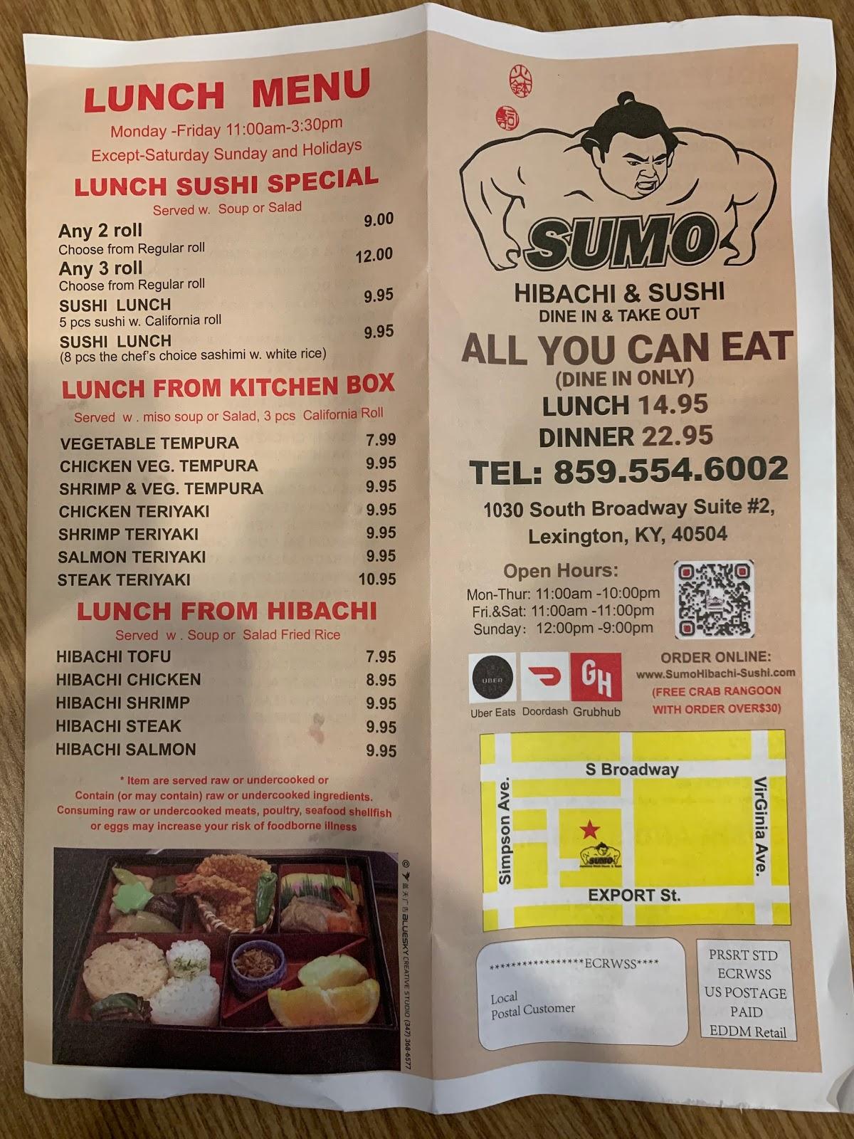 Menu at Sumo Hibachi and Sushi restaurant, Lexington